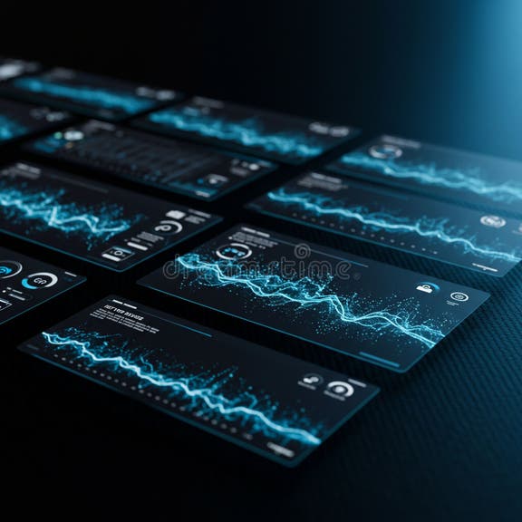 Several Digital Interfaces Display Data Visualizations Featuring Blue Line Graphs and Stock ...