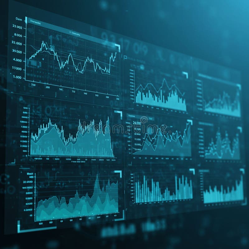 Several Digital Screens Display Various Financial Graphs and Charts in ...