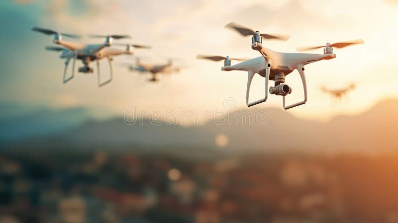 A Fleet of Drones Soar into the Sky during a Stunning Sunset, Capturing ...