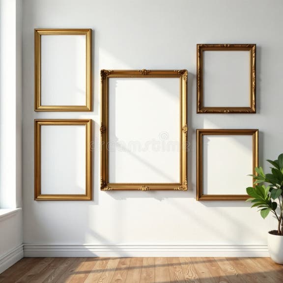 Several Empty Gilded Frames Against a Stark White Wall, Texture, Frame Stock Illustration ...
