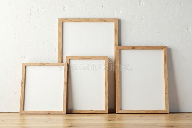 Several Empty Rustic Wood Picture Frames Against a Whitewashed Wall ...