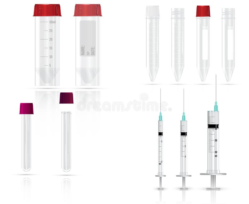 Several Realistic Empty Tubes for Blood, Vacuum Container, Syringes and ...