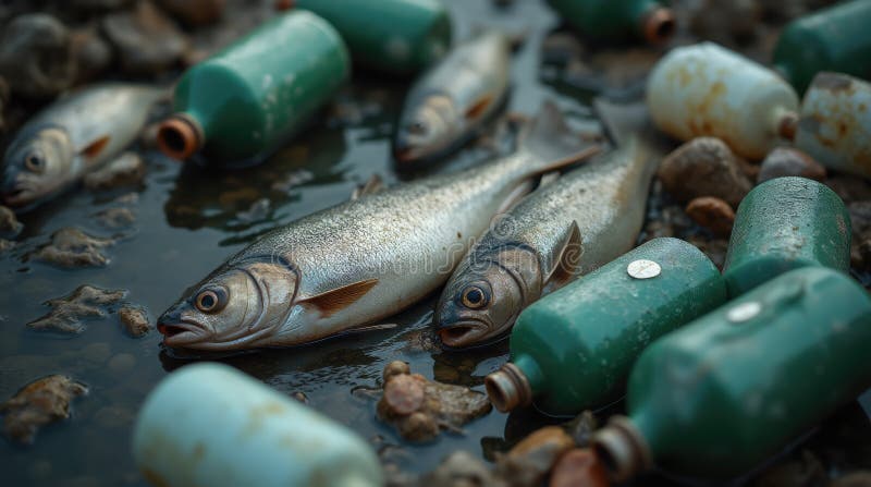 Several Fish are Surrounded by Discarded Plastic Bottles in Murky Water ...