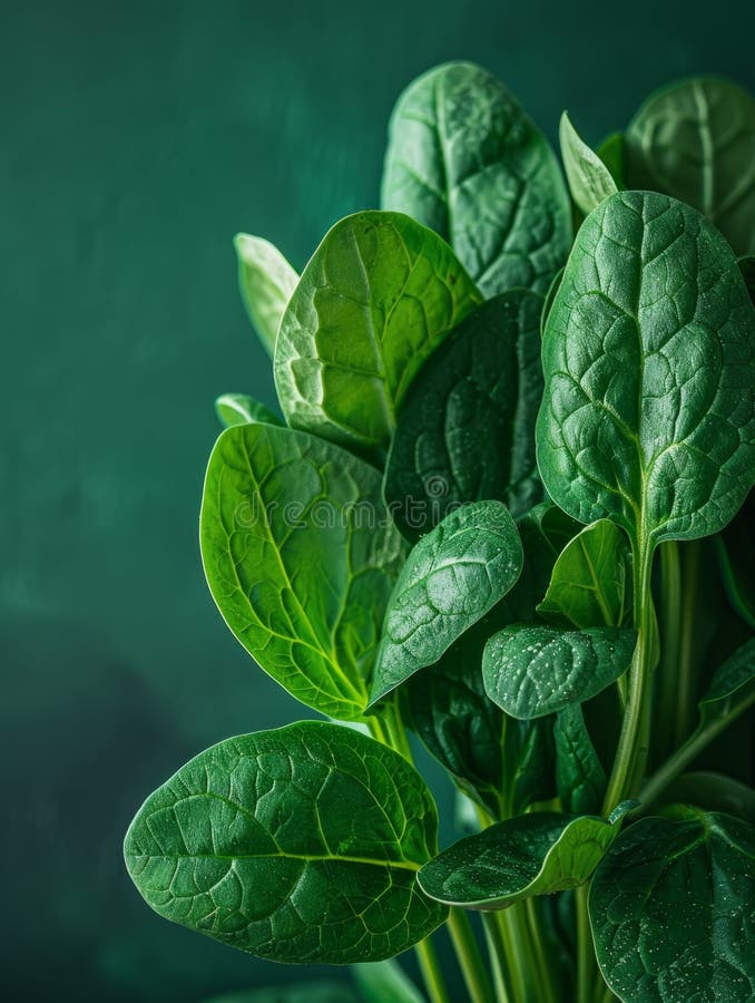 Several Fresh Spinach Leaves Against a Dark Green Background Stock ...