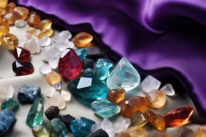 Several Gemstones and Crystals Scattered on a Fur Fabric Stock Image ...