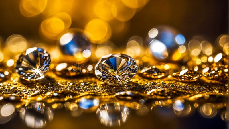 Several Gemstones, Diamonds, Placed on a Reflective Golden Surface with ...