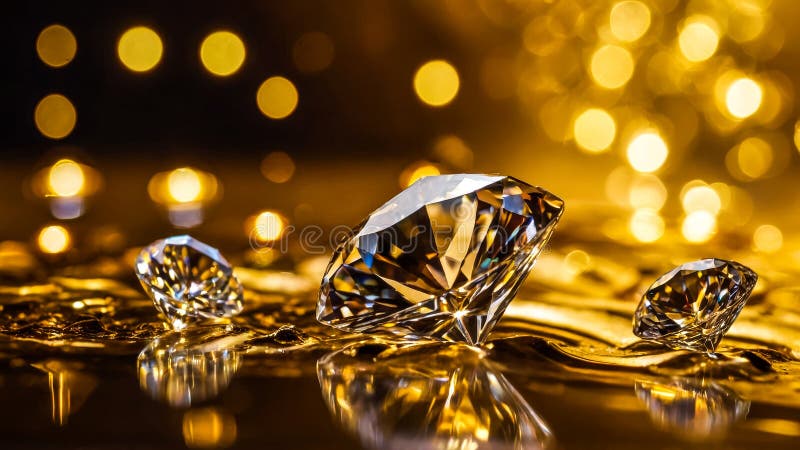 Several Gemstones, Diamonds, Placed on a Reflective Golden Surface with ...