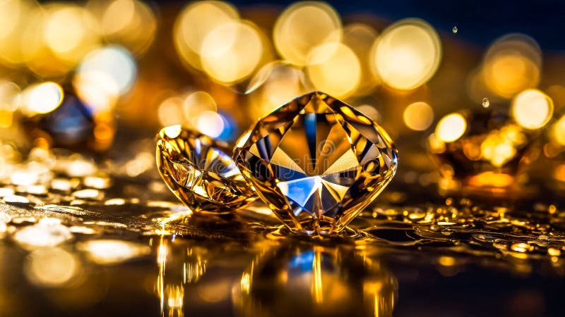 Several Gemstones, Diamonds, Placed on a Reflective Golden Surface with ...