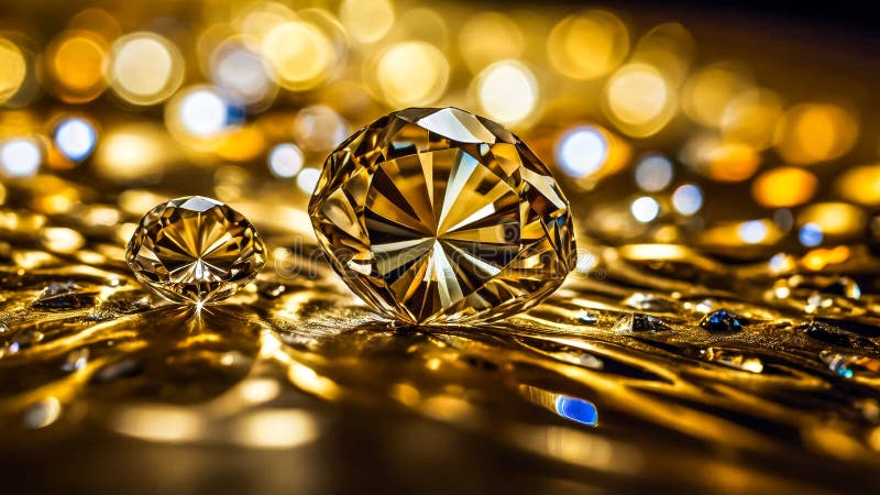 Several Gemstones, Diamonds, Placed on a Reflective Golden Surface with ...