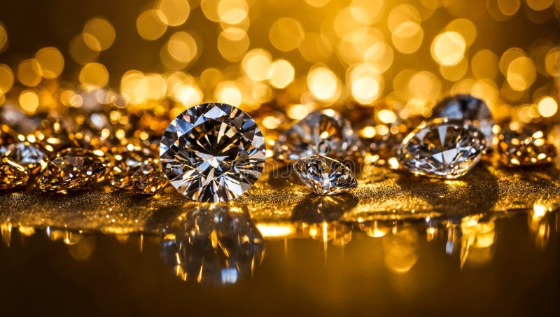 Several Gemstones, Diamonds, Placed on a Reflective Golden Surface with ...