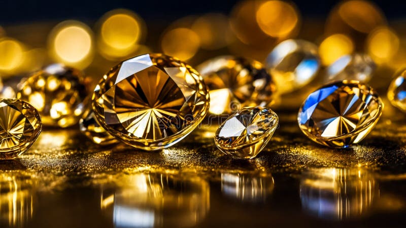 Several Gemstones, Diamonds, Placed on a Reflective Golden Surface with ...