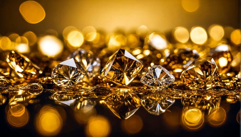 Several Gemstones, Diamonds, Placed on a Reflective Golden Surface with ...