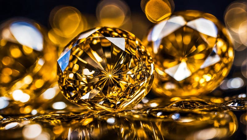 Several Gemstones, Diamonds, Placed on a Reflective Golden Surface with ...