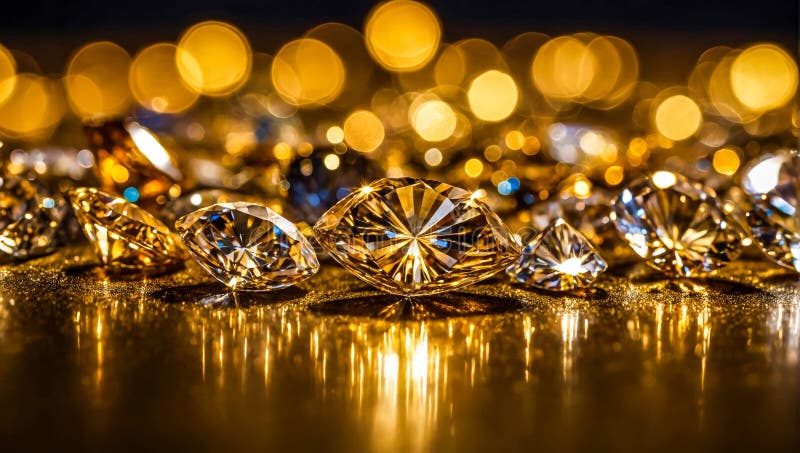 Several Gemstones, Diamonds, Placed on a Reflective Golden Surface with ...