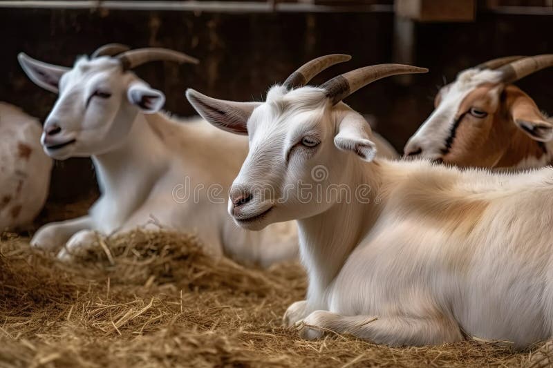 A Group of Goats Sitting on Hay in a Barn Stock Image - Image of horns ...