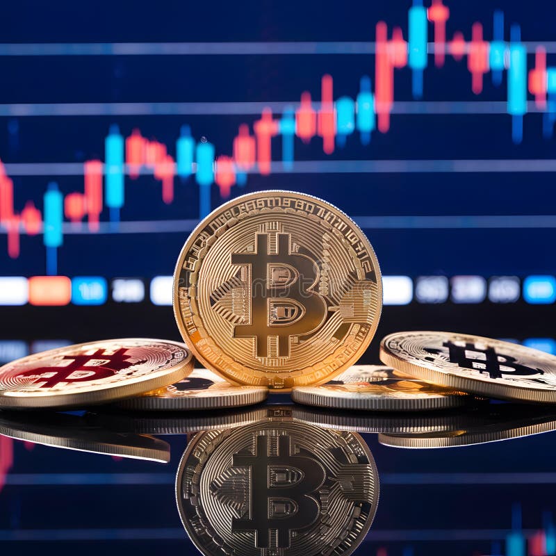 Golden Bitcoins in Front of Digital Screen with Fluctuating Candlestick ...