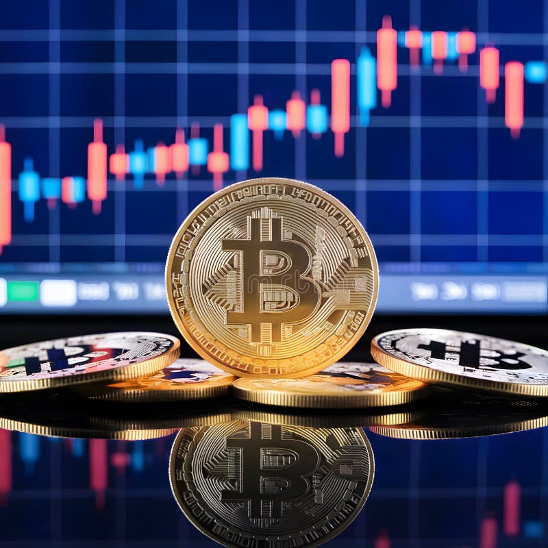 Golden Bitcoins in Front of Digital Screen with Fluctuating Candlestick ...