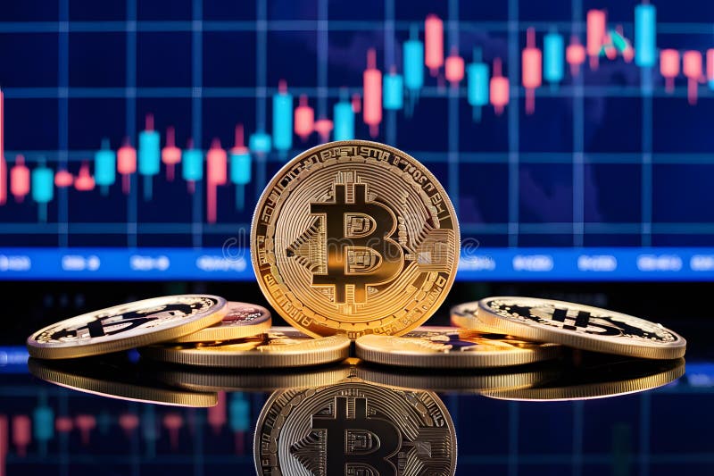 Golden Bitcoins in Front of Digital Screen with Fluctuating Candlestick ...