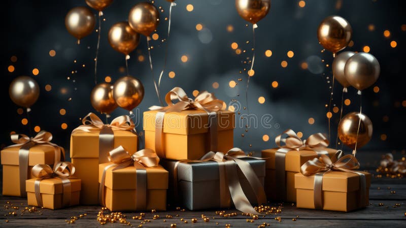 Several Golden Gift Boxes with Ribbons Inside the Box. Generative AI ...