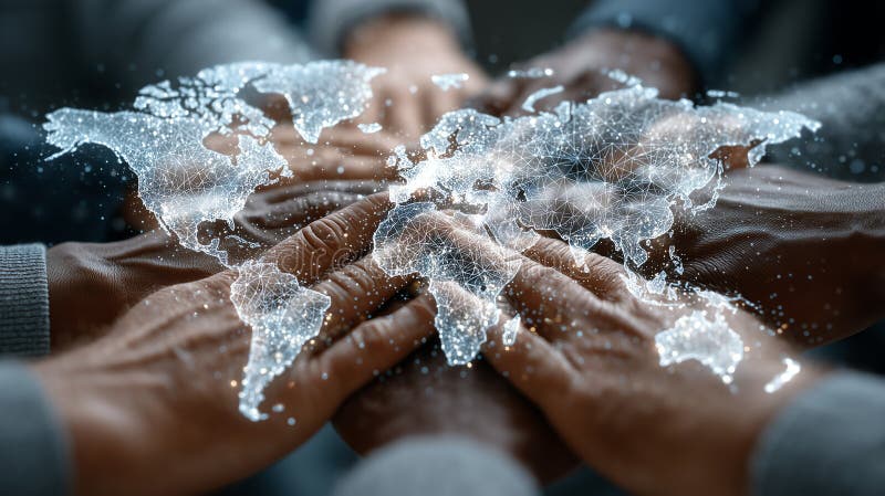 Diverse Hands Connecting Over Holographic World Map in Sleek Corporate ...