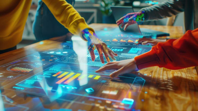 Hands on the Holographic Interface. AI Generated Stock Image - Image of ...