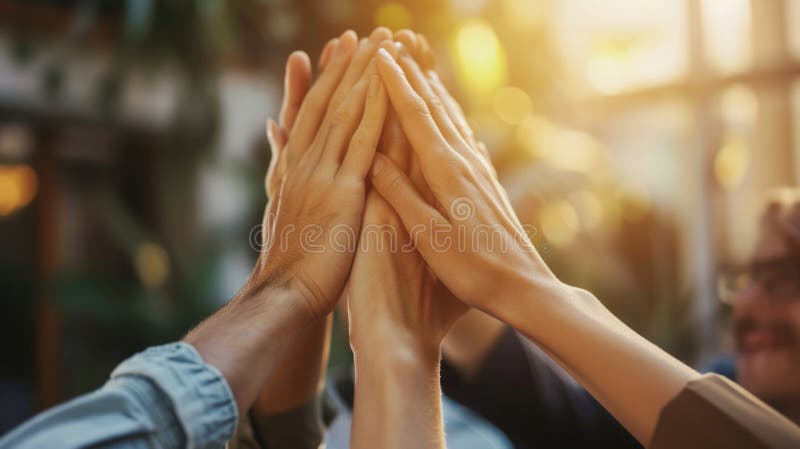 Several Hands are Raised and Joined Together in a High-five Gesture ...