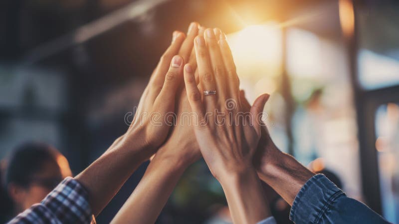 Several Hands are Raised and Joined Together in a High-five Gesture ...