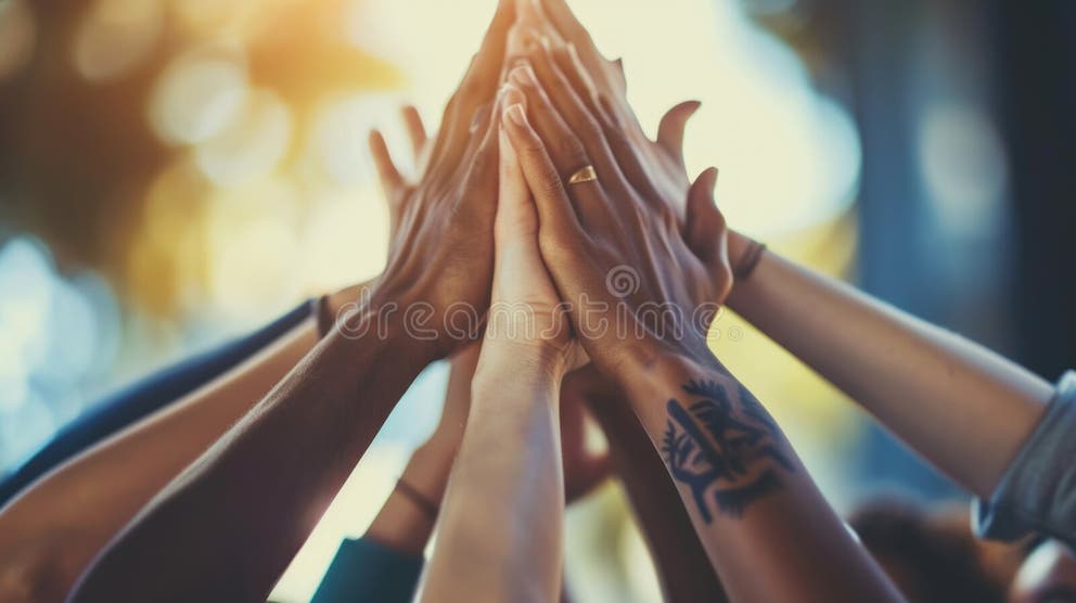Several Hands are Raised and Joined Together in a High-five Gesture ...