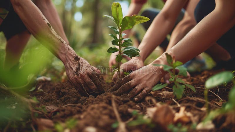 Several Hands Working Together To Plant a Young Tree in the Soil Global ...