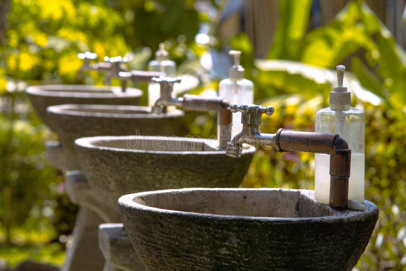 Several Handwashing Stations Made of Natural Stone Complete with Liquid ...