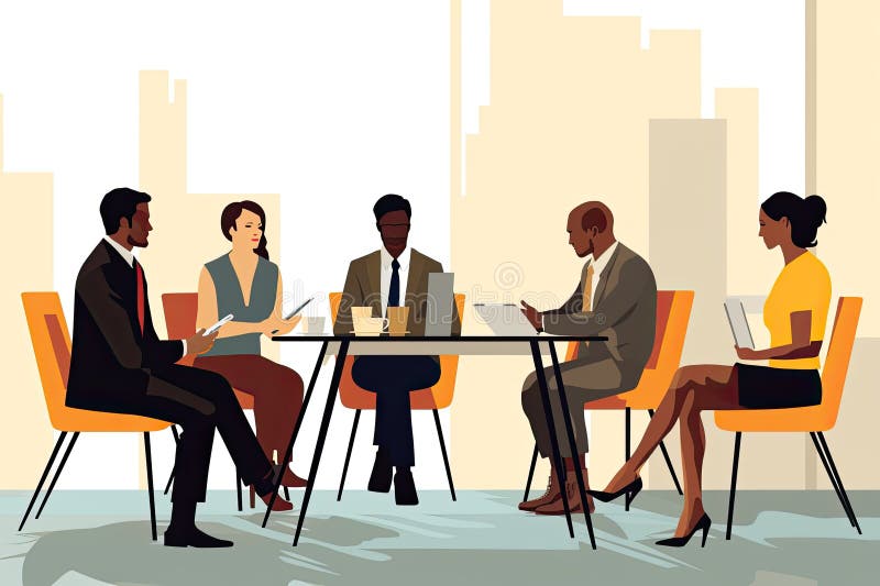 Several Individuals Engaged in a Panel Interview, Seated Around a Table ...