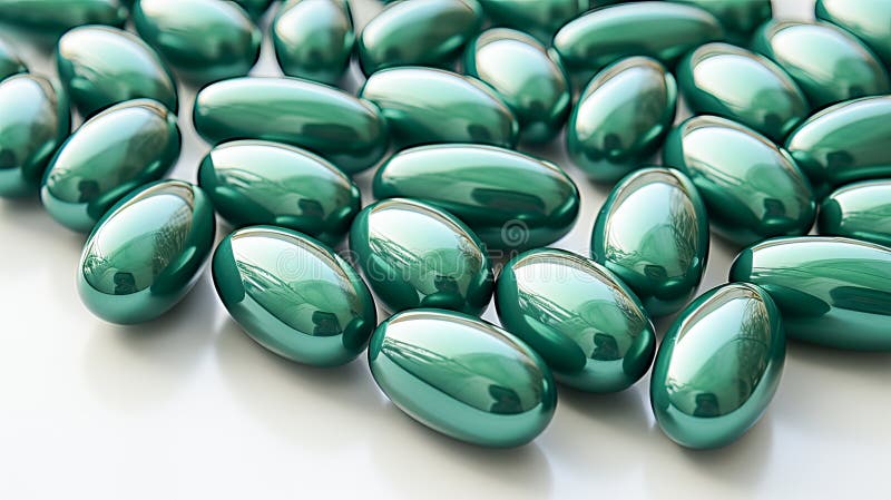 Several Isolated Green Medical Capsules Lie on a Light Glossy Surface ...