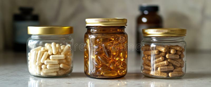 Several Jars Contain Omega-3 Capsules and Various Vitamins, Arranged on ...