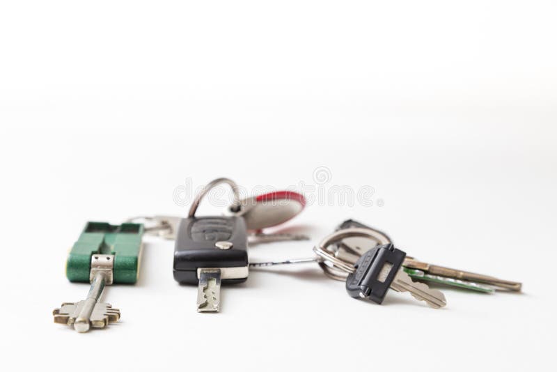 Several Key Rings with Different Keys on White Background Stock Image ...