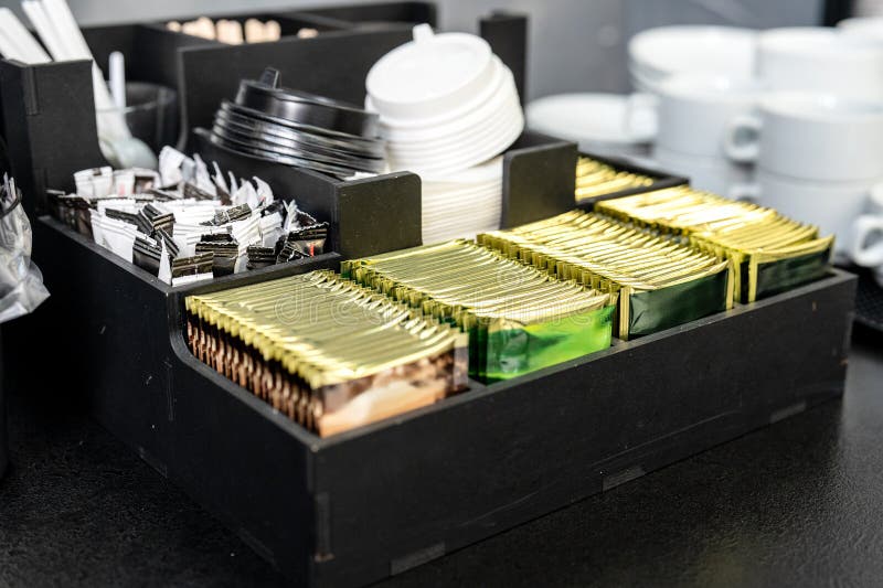 Several Kinds of Tea Bag in a Tray in Buffet Stock Image - Image of ...