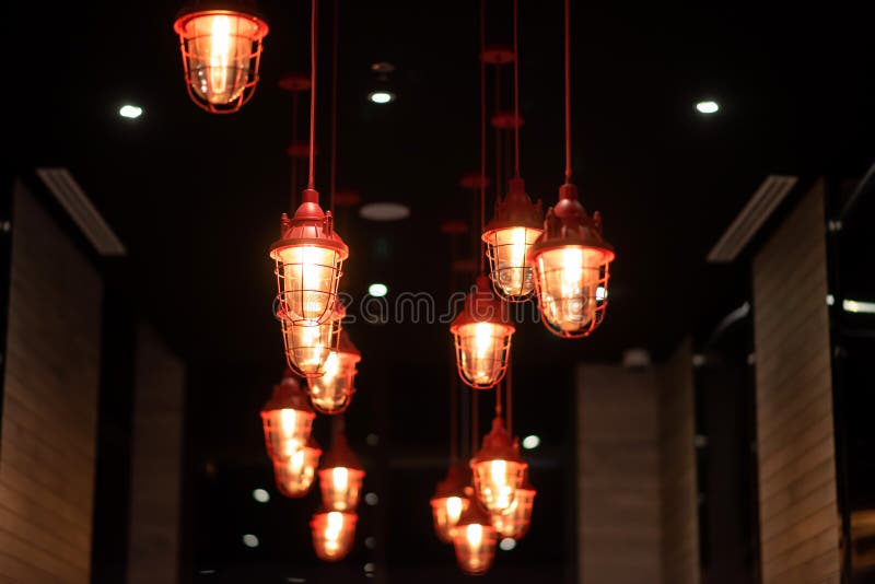 Several Lamps Hanging on the Ceiling at Night Stock Image - Image of ...