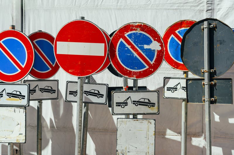 Several Large Circular Prohibitory Road Signs Stand Next To Each Other ...