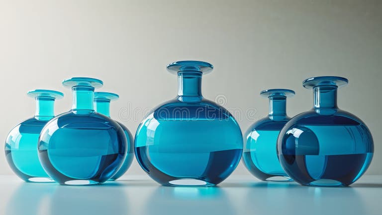 Several Large Glass Bottles Filled with Blue Liquid are on Display ...