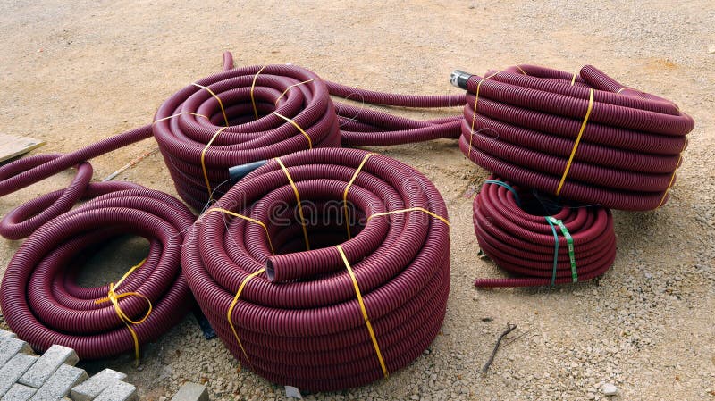 Several Large Spools of Red Corrugated Plastic Piping Lay on Dirt ...