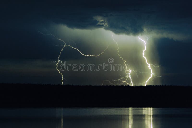 Several Lightning Strikes during a Strong Thunderstorm Over the Lake ...