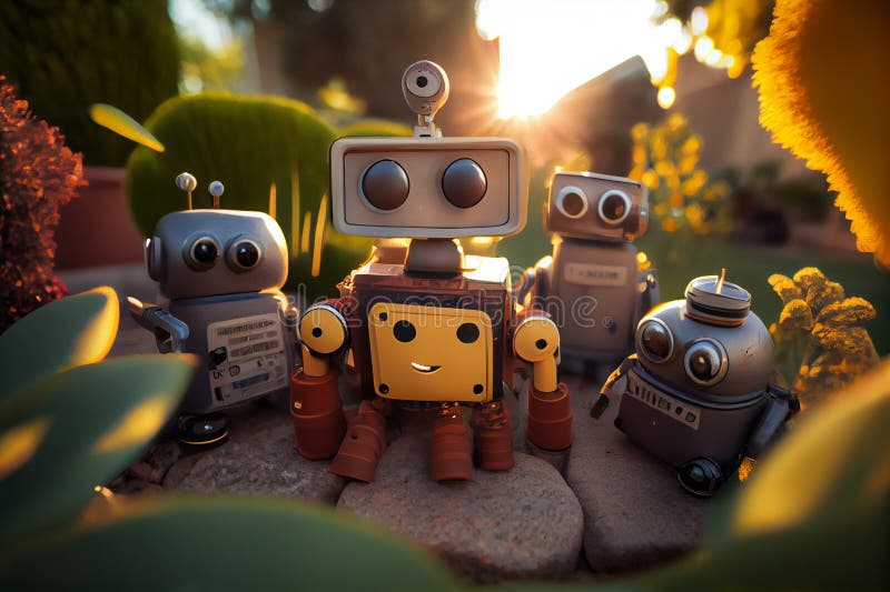 Several Little Cute Robots in the Grass. AI Generated Stock ...