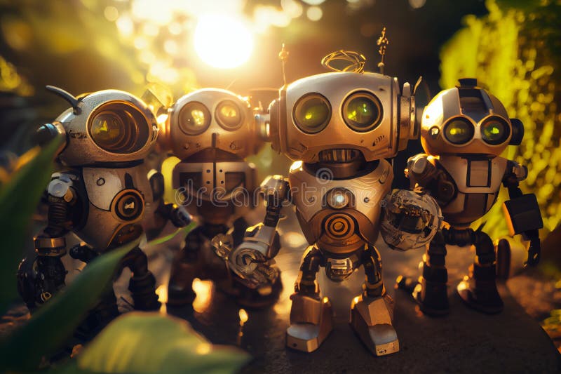 Several Little Cute Robots in the Grass. AI Generated Stock ...