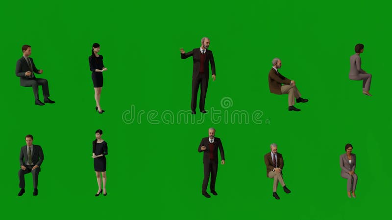 3D of Several Male Employees on a Green Background Screen Walking and ...