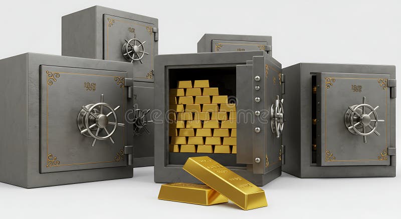 Several Metal Safes with Combination Locks Stand Open. One Safe Reveals ...