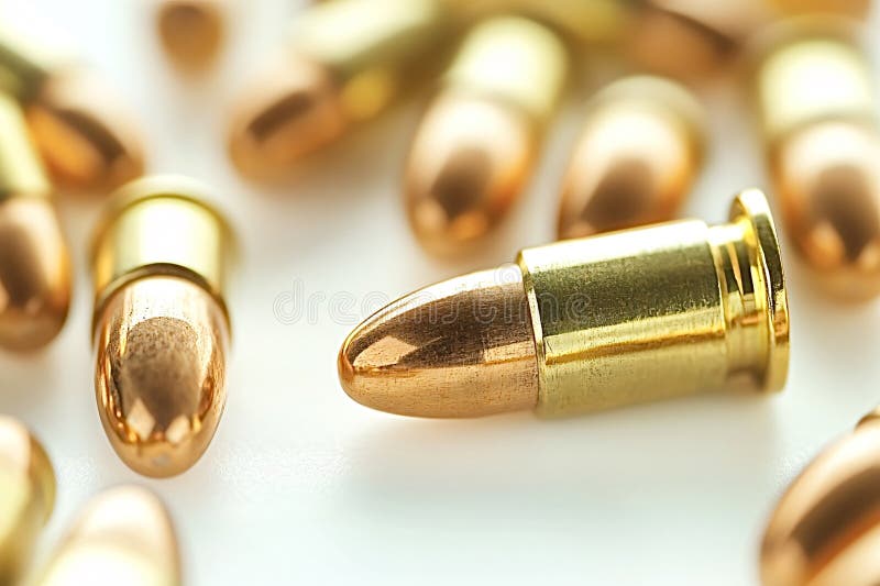 9mm Bullets Lying on White Background Stock Photo - Image of gold ...