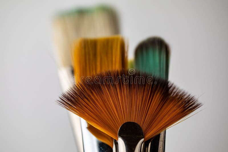 Several Multi-colored Artistic Brushes. Closeup of Artistic Brushes ...