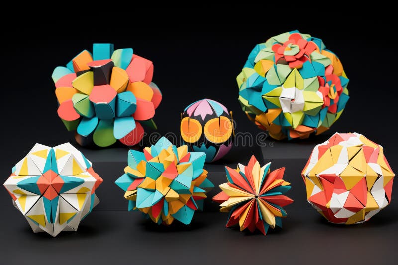 Several Multicolored Modular Origami Spheres on Black Backdrop Stock ...