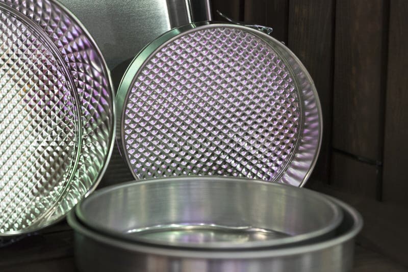 Several New Metal Pans Shot Close-up in the Kitchen Stock Photo - Image ...
