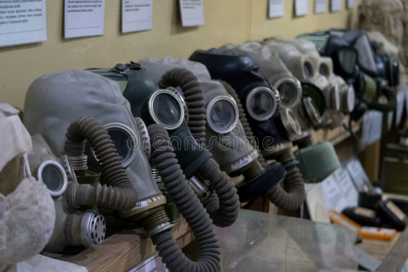 Several Gas Mask Placed in a Row Editorial Stock Image - Image of head ...