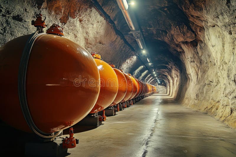 Orange Storage Tanks Line an Underground Tunnel in a Mining Facility ...